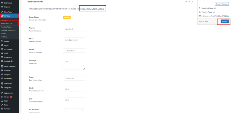 Reservation with Food Ordering (PRO)