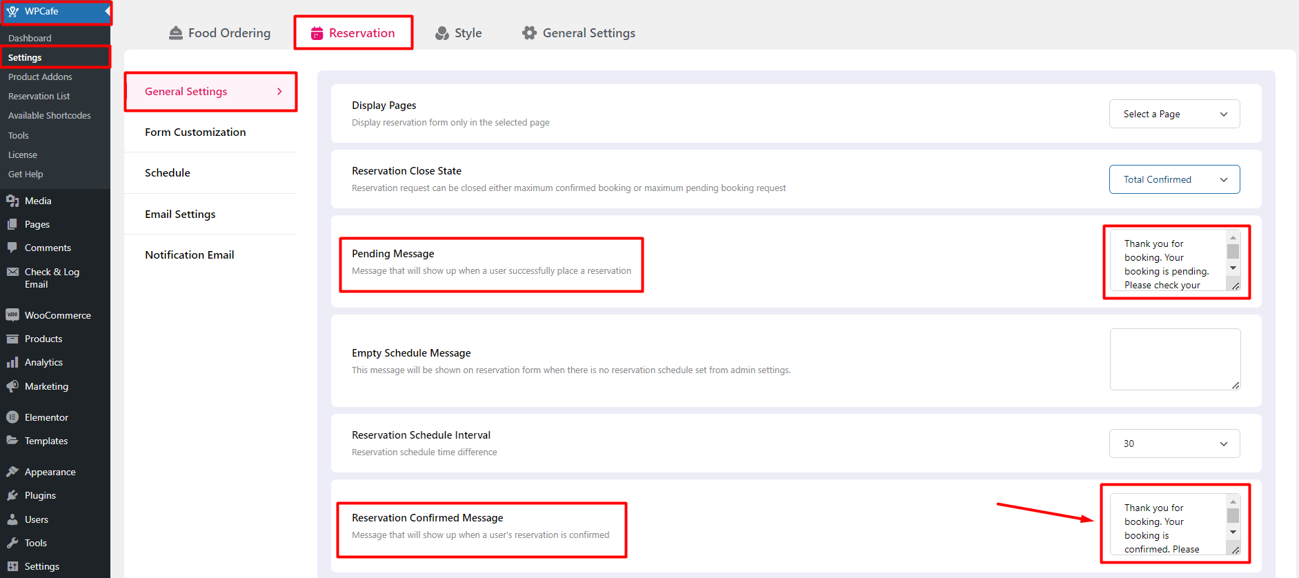 General Settings for Reservation