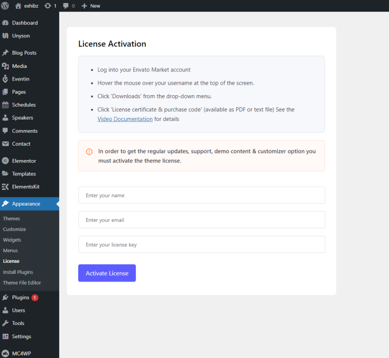 License Activation – Documentation for Themes