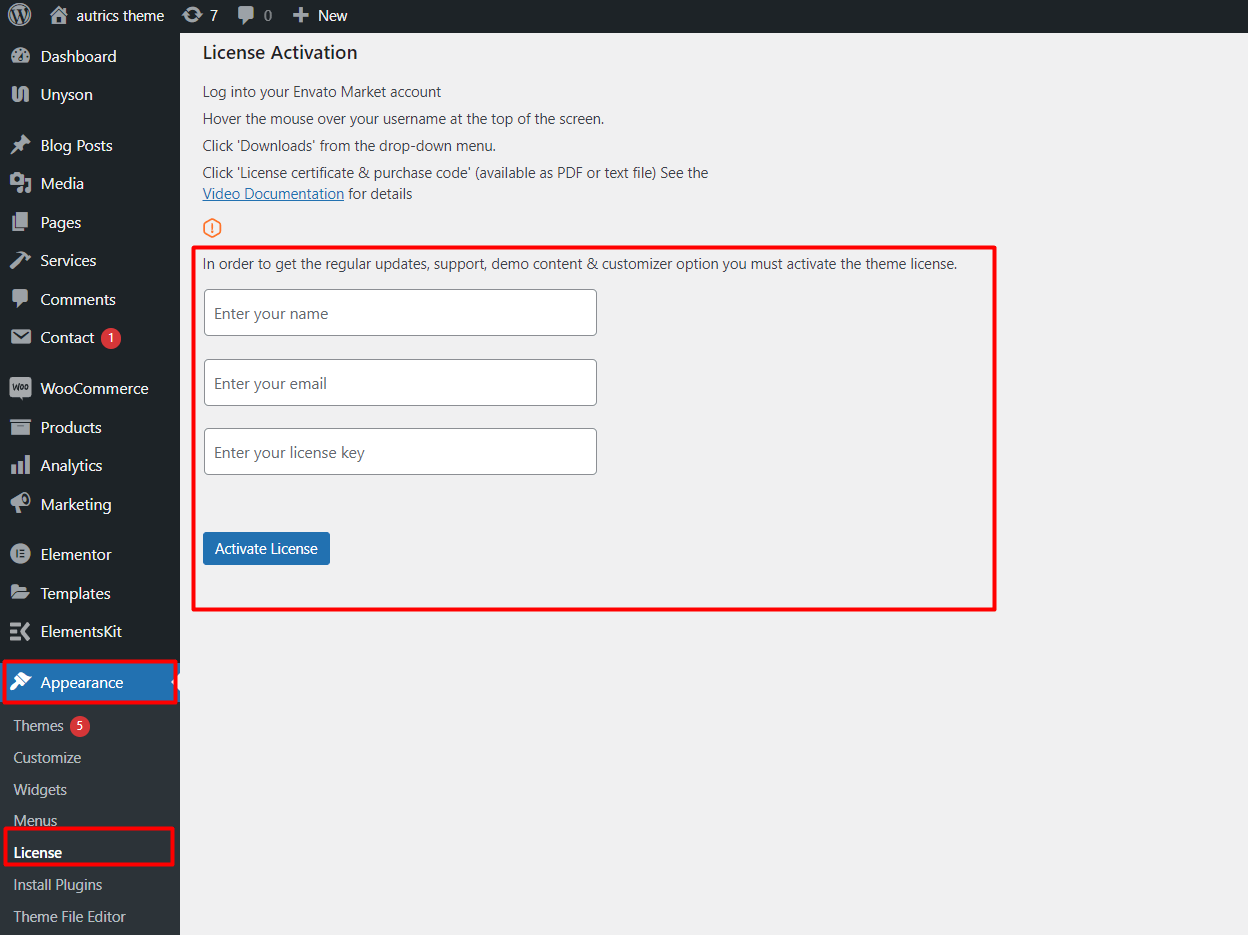 LICENSE ACTIVATION – Documentation for Themes