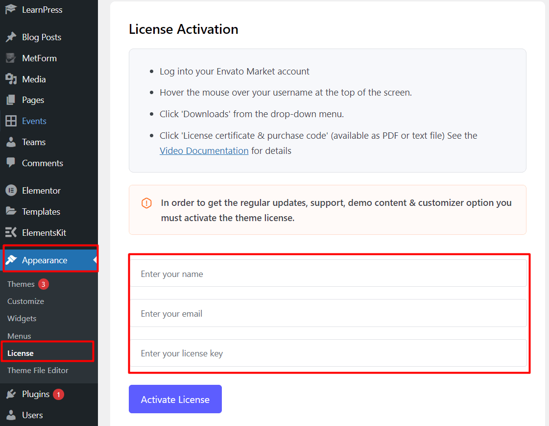 License Activation – Documentation for Themes